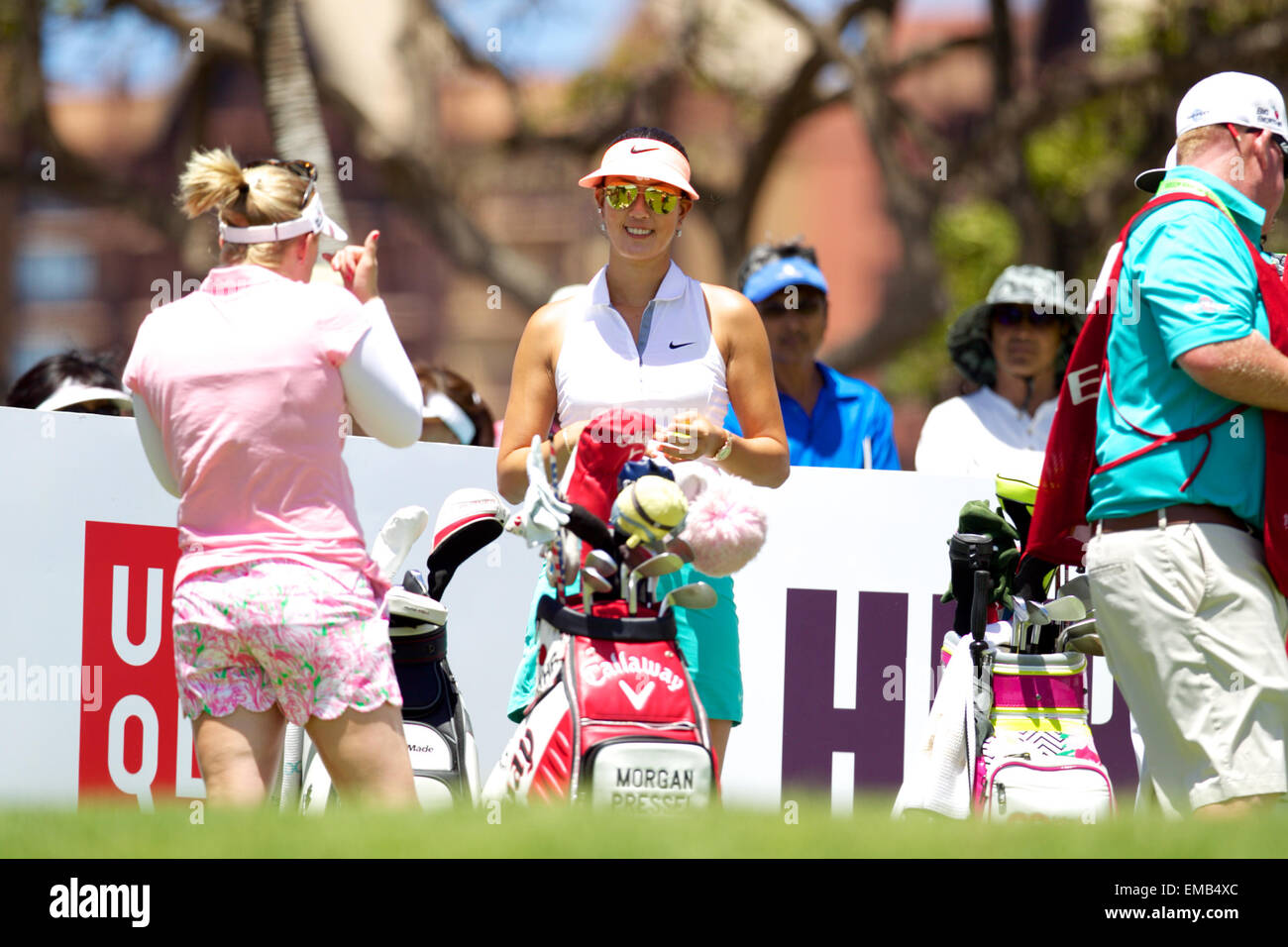 April 18, 2015 - Michelle Wie (right) and Morgan Pressel share stories ...