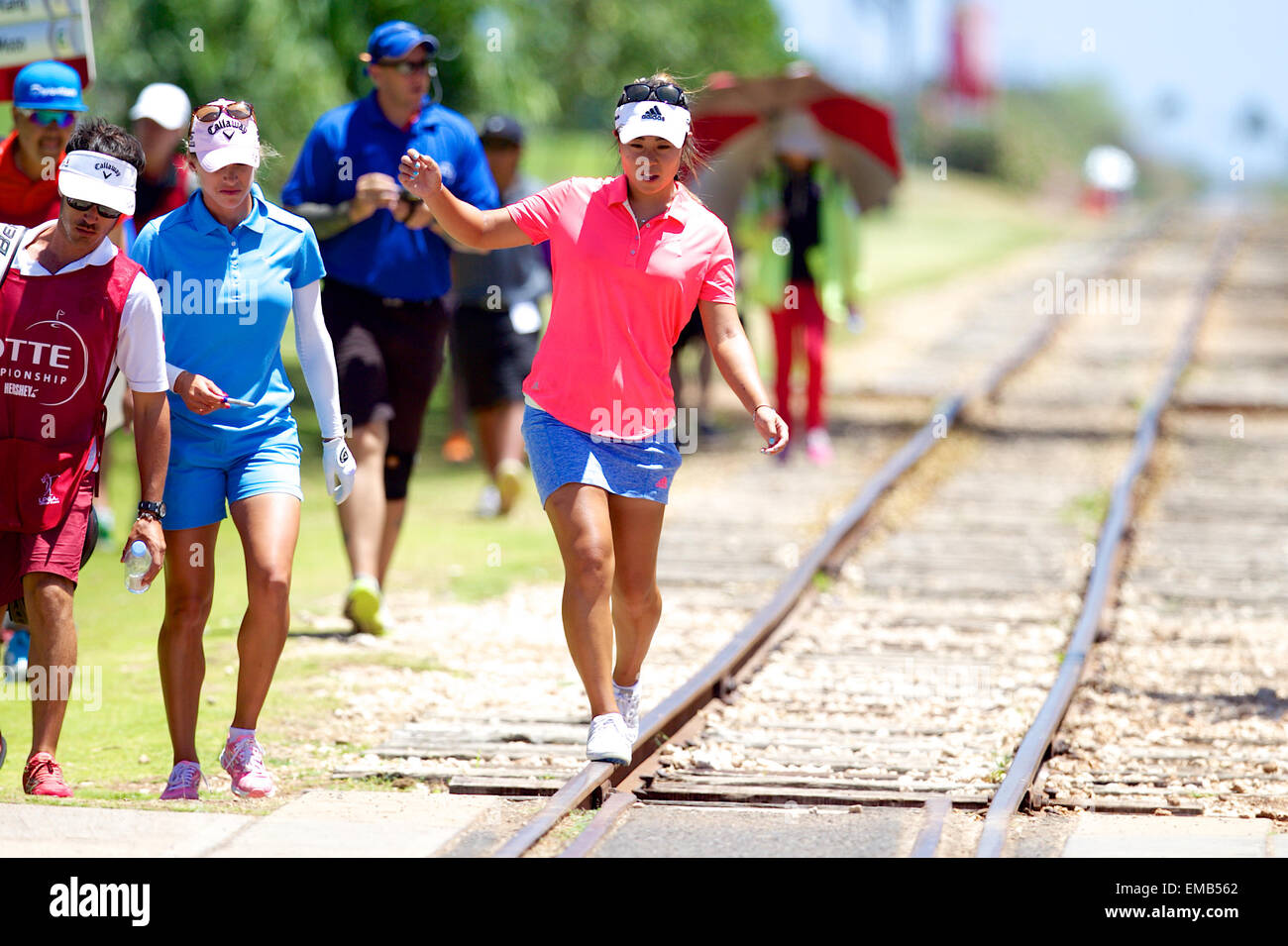 April 18, 2015 - Danielle Kang walks the railroad tracks during the ...