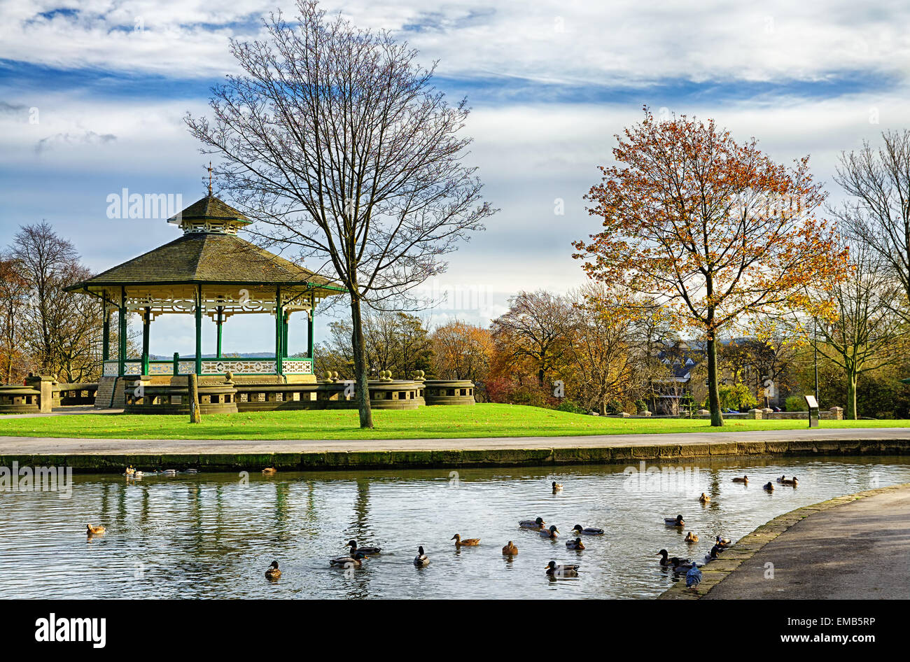 Bandstand and duck pond in Greenhead park, Huddersfield, Yorkshire ...