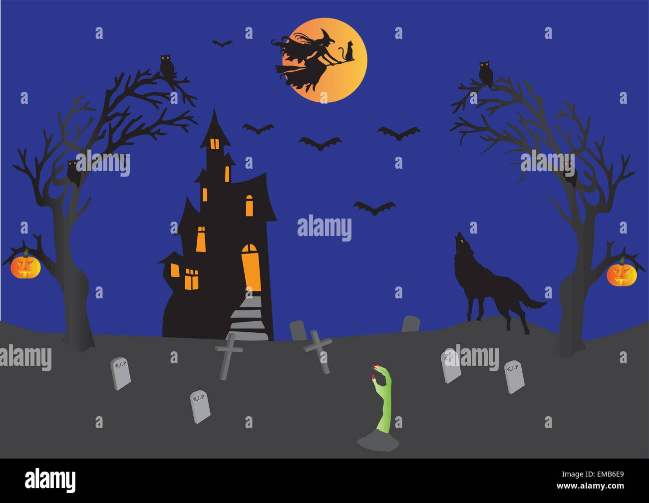 A vectorof a Halloween Scene with a Haunted House, Witch on Broomstick ...