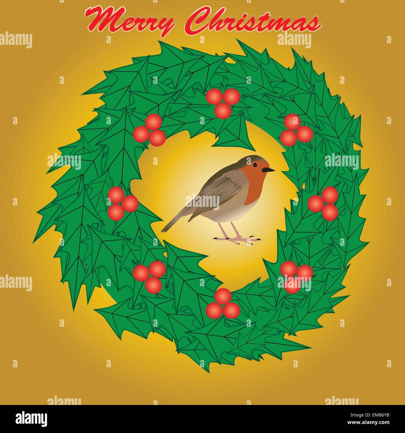 A Christmas Design of a Robin and a Holly Wreath on a gold background ...