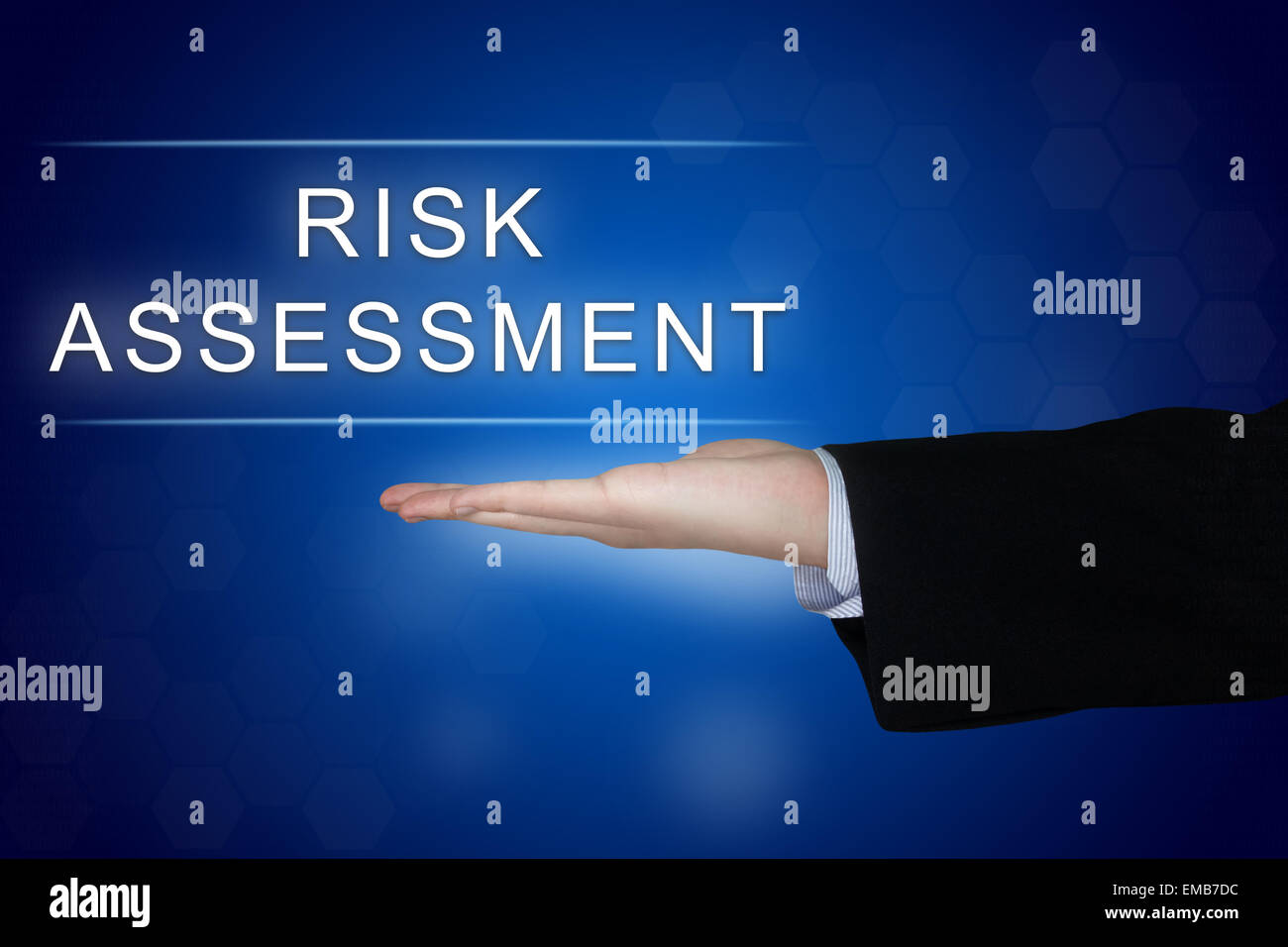 risk assessment button with business hand on blue background Stock ...