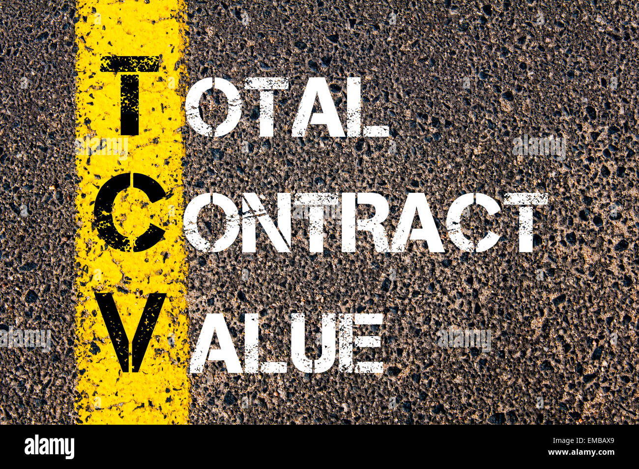 Business Acronym TCV as Total Contract Value. Yellow paint line on the ...