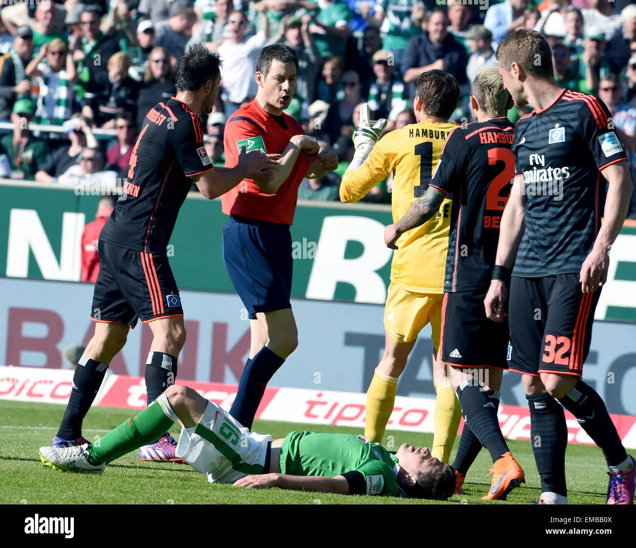 Bremen, Germany. 19th Apr, 2015. Werder's Zlatko Junuzovic lies on the ...