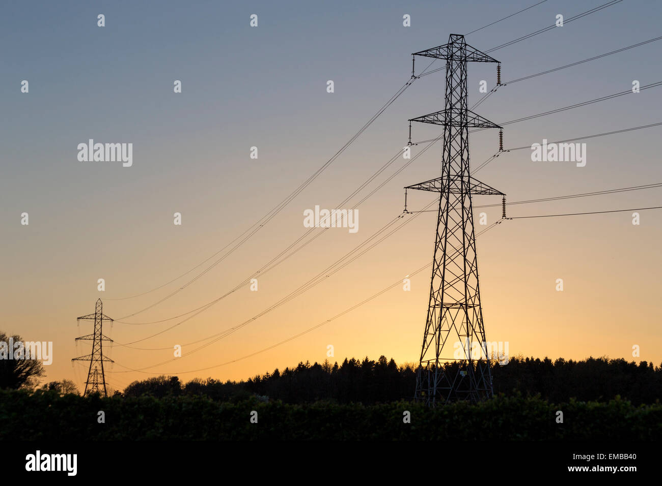 Electricity Pylon above a woodland is cast in shadow against a setting ...