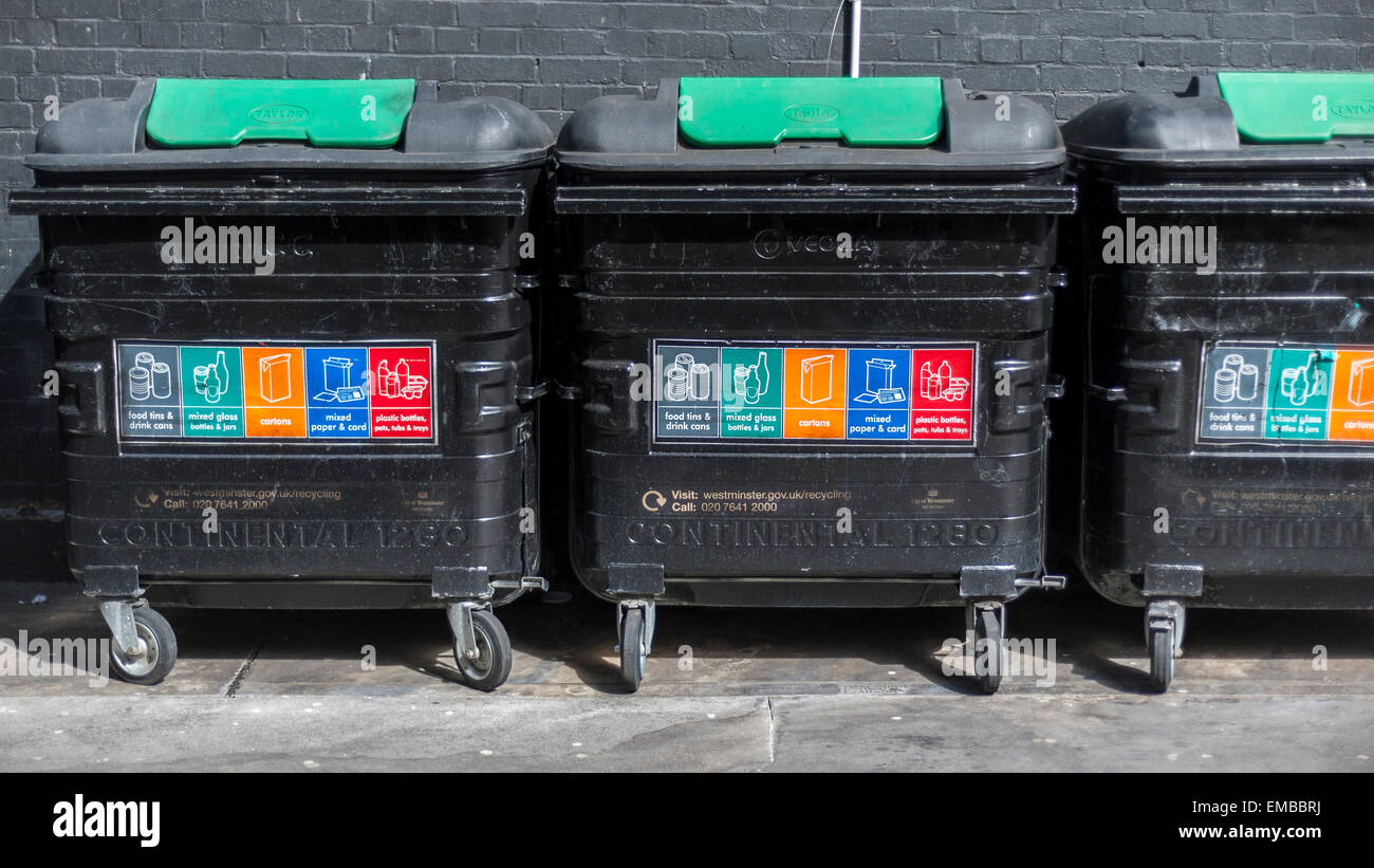 Soho, London, UK. 2 April 2015. A line of refuse / recycling bins Stock ...