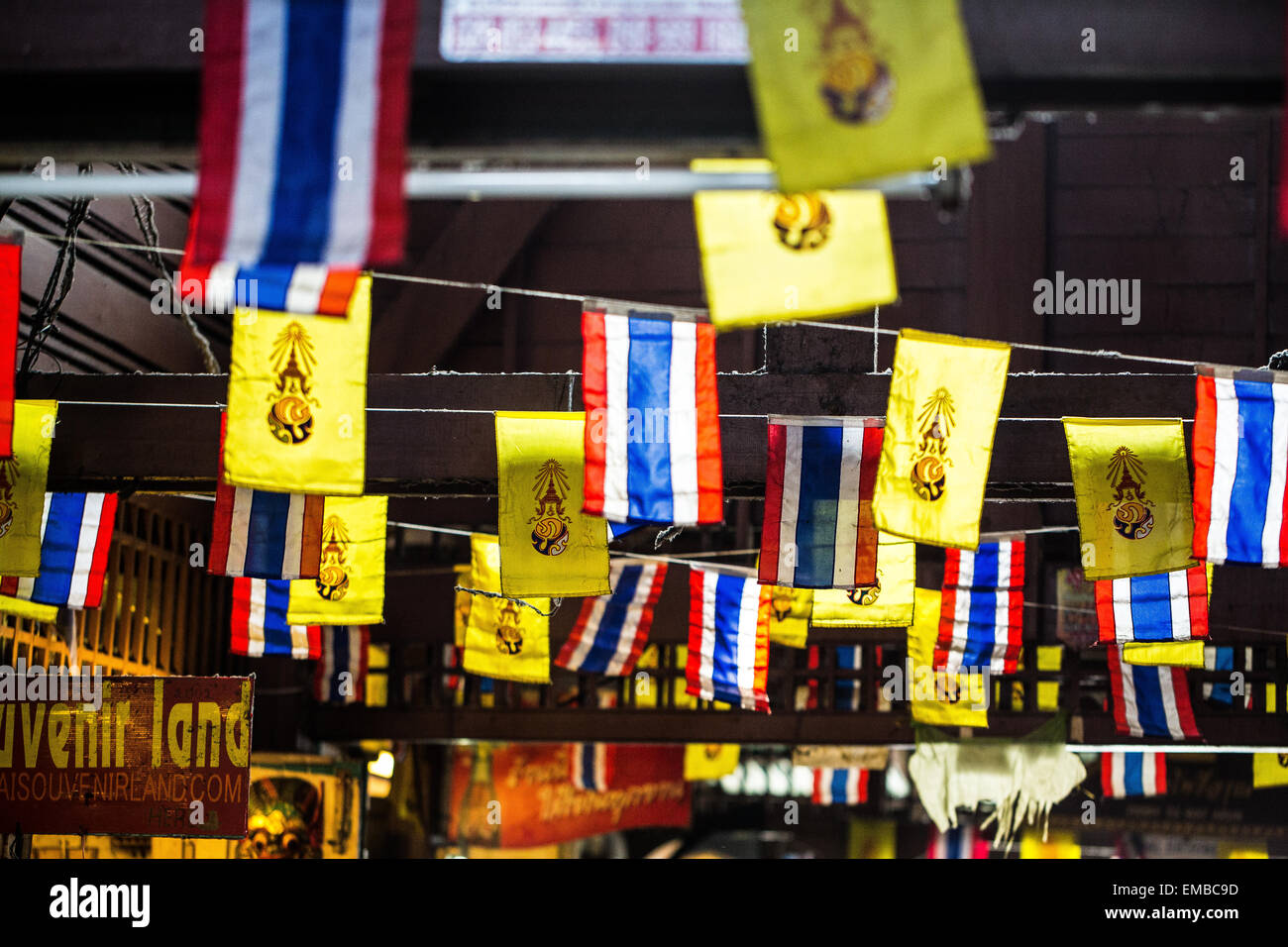 A collection of Thai flags in a ferry port in Bangkok Stock Photo - Alamy