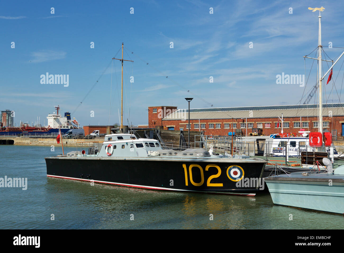 HSL 102 Motor launch in Portsmouth Dockyard. Vintage vessel which has ...
