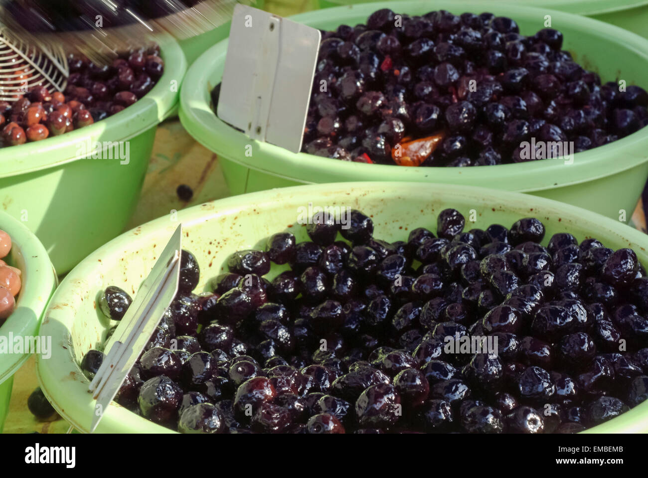 Different Olives on a market stand in Provence France Stock Photo - Alamy