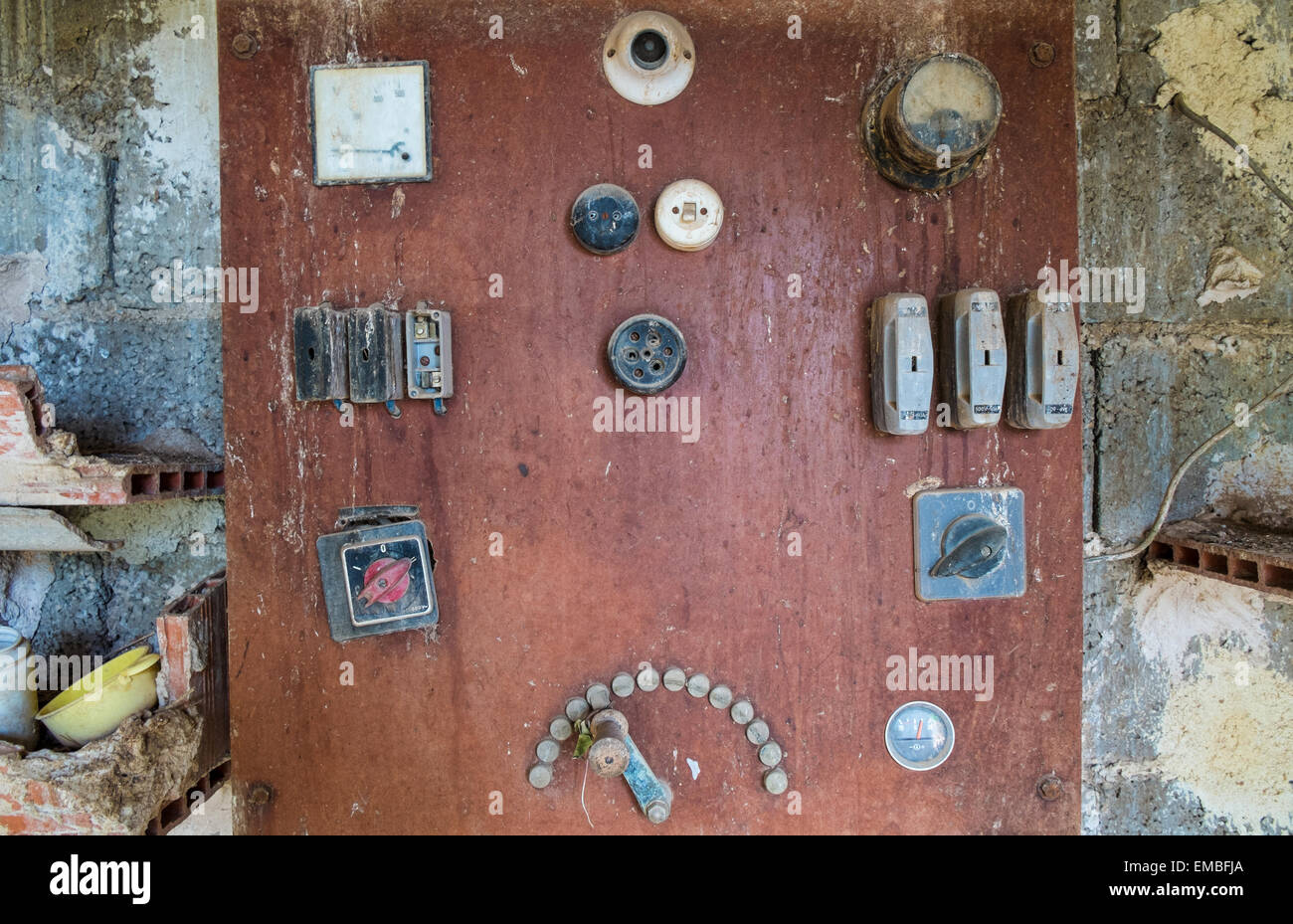 Vintage electrical switchboard with multiple controls, fuses and levers ...