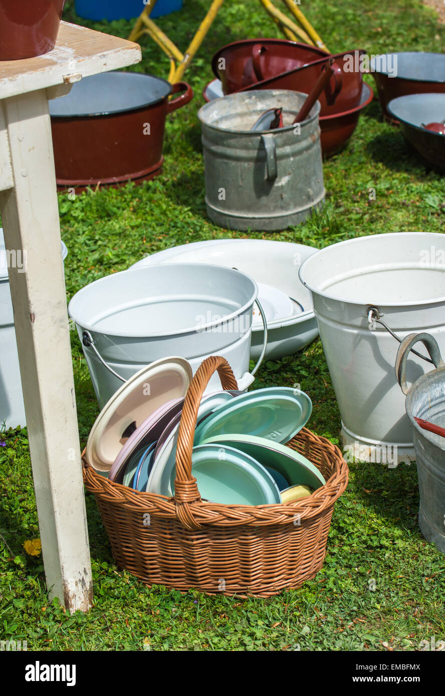 Old Dish And Buckets At Outdoor Market Stock Photo - Alamy