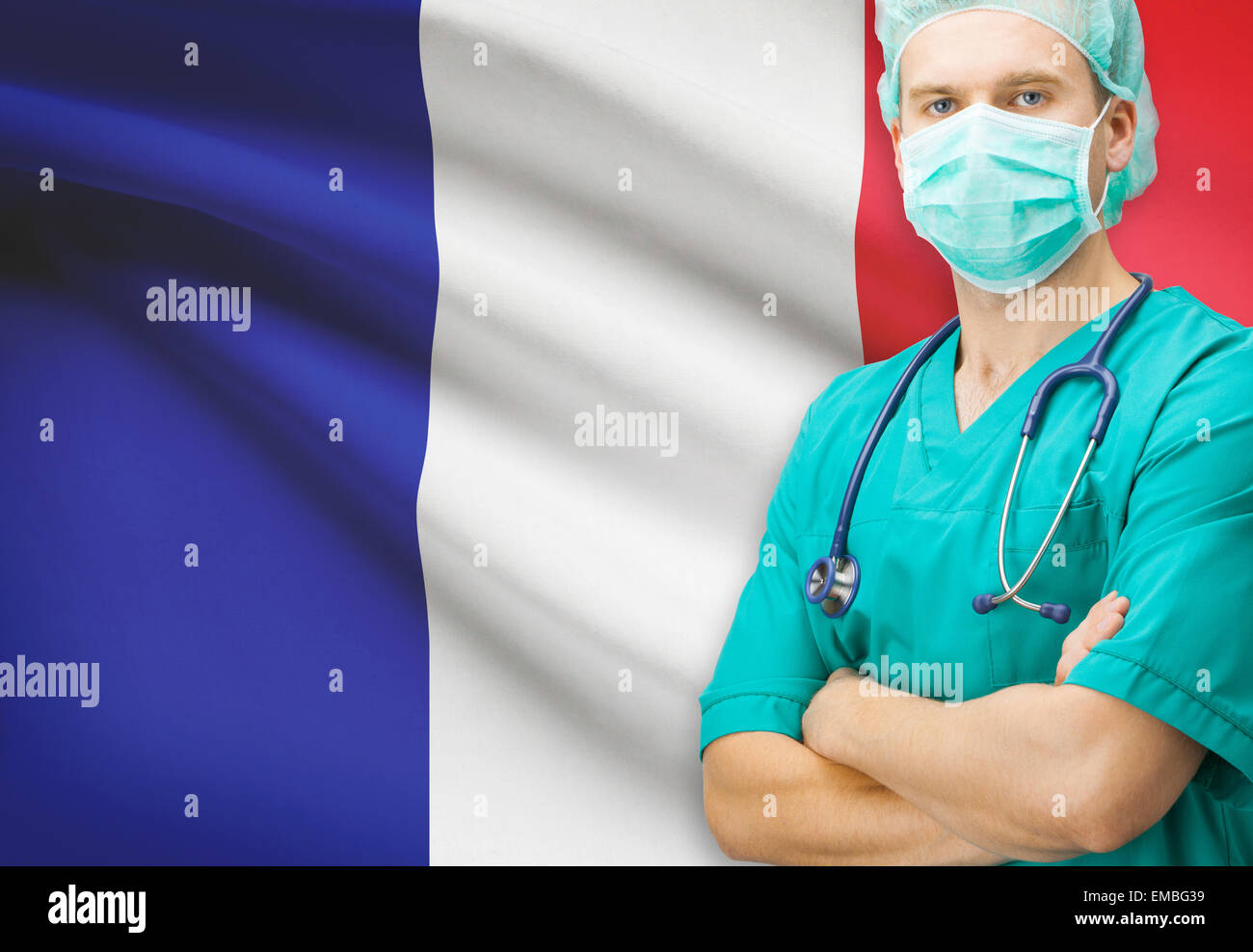 Surgeon with national flag on background - France Stock Photo - Alamy