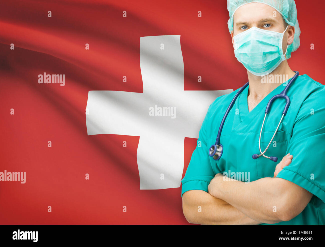 Surgeon with national flag on background - Switzerland Stock Photo - Alamy