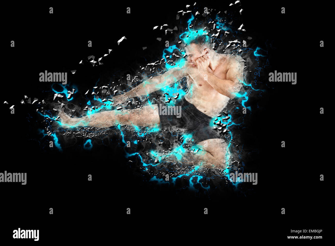 Athletic boxer fighter performing a flying side kick isolated on white ...