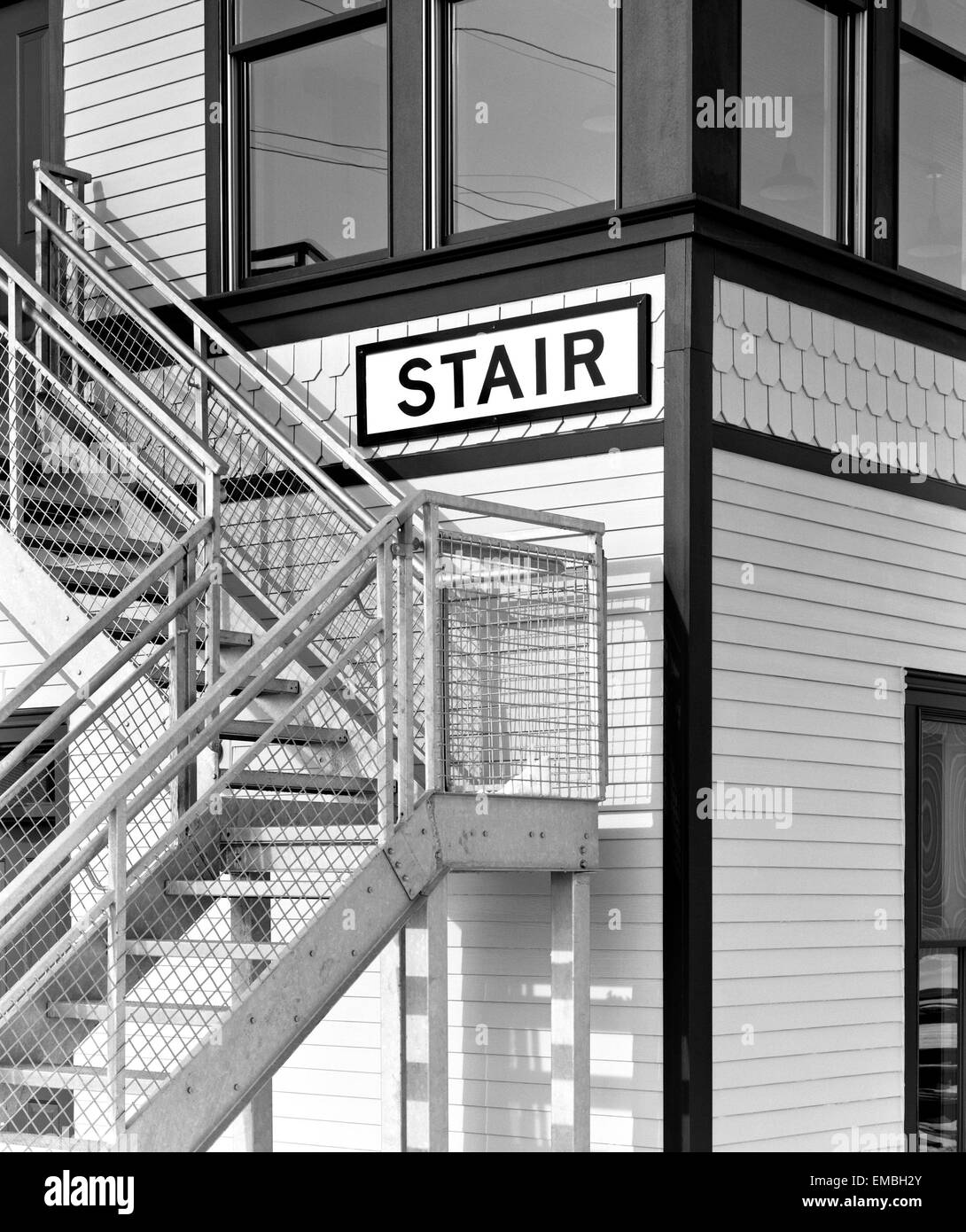 A stair sign on a railyard control tower building Stock Photo - Alamy