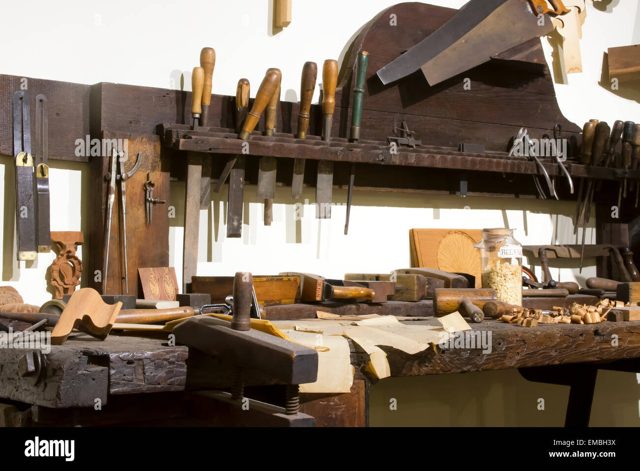 Woodworking tools and components on workbench Stock Photo - Alamy
