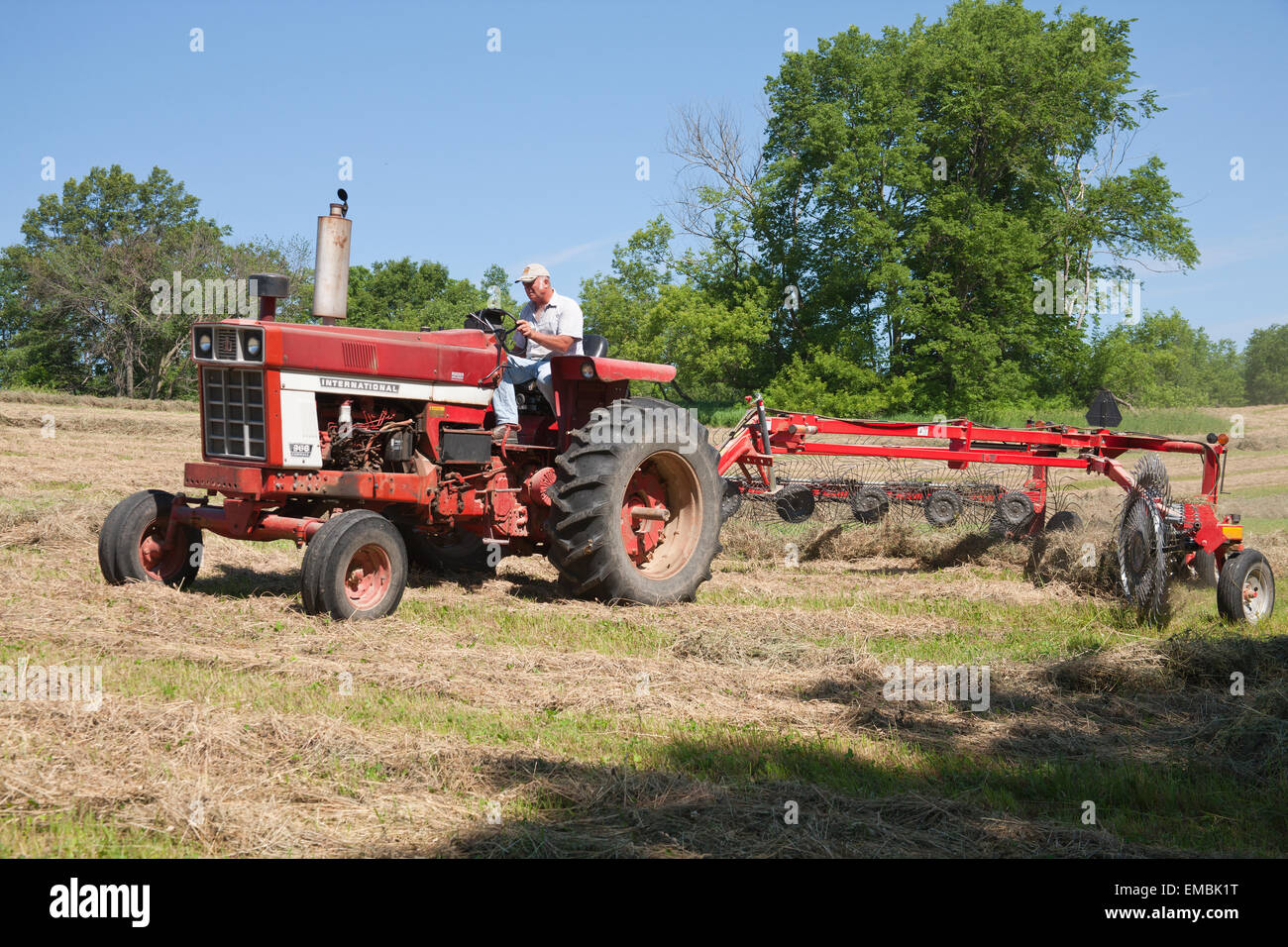 Man on International Harvester Farmall tractor pulling a hay rake to ...
