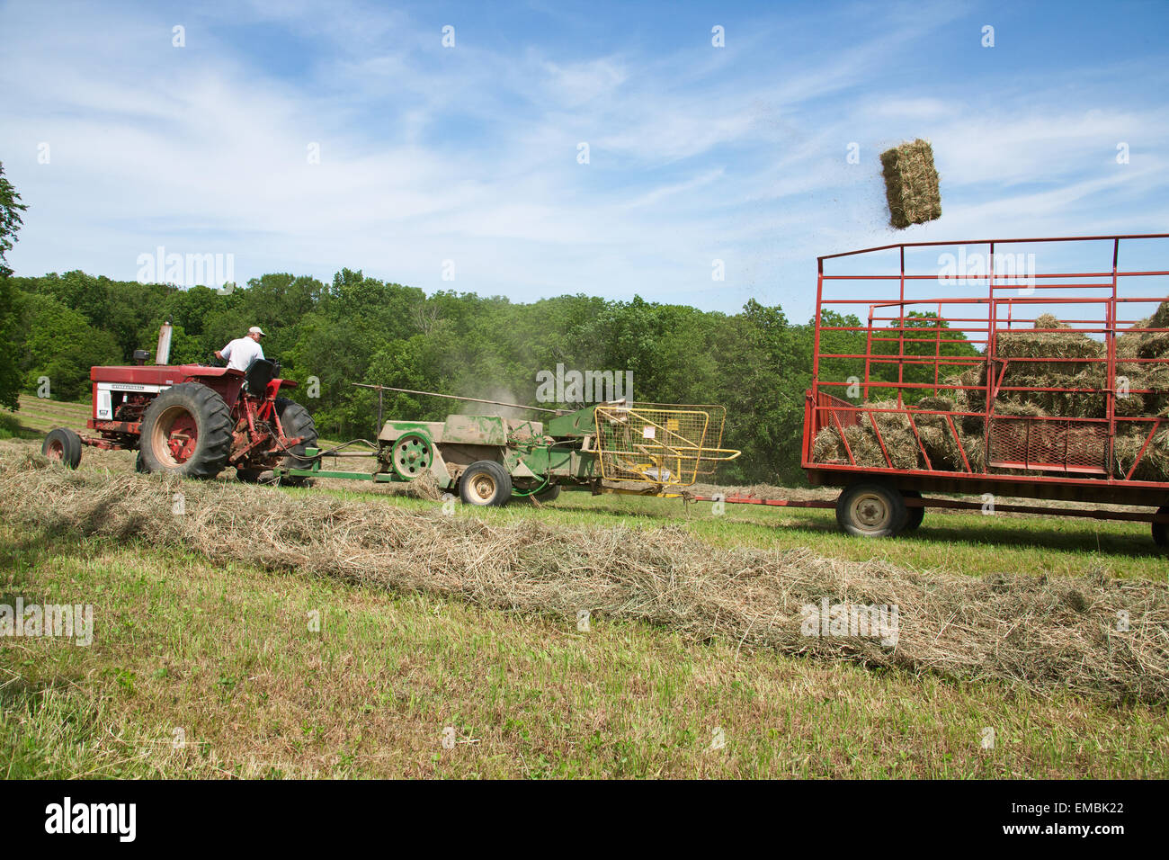 Man on International Harvester Farmall tractor, baling hay in a field with a bale flying in the ...