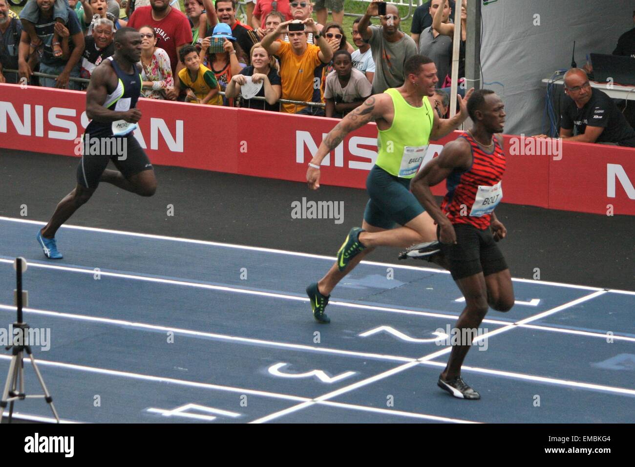 Rio de Janeiro, Brazil, 19th april 2015. Usain Bolt (JAM) wins the 100m ...