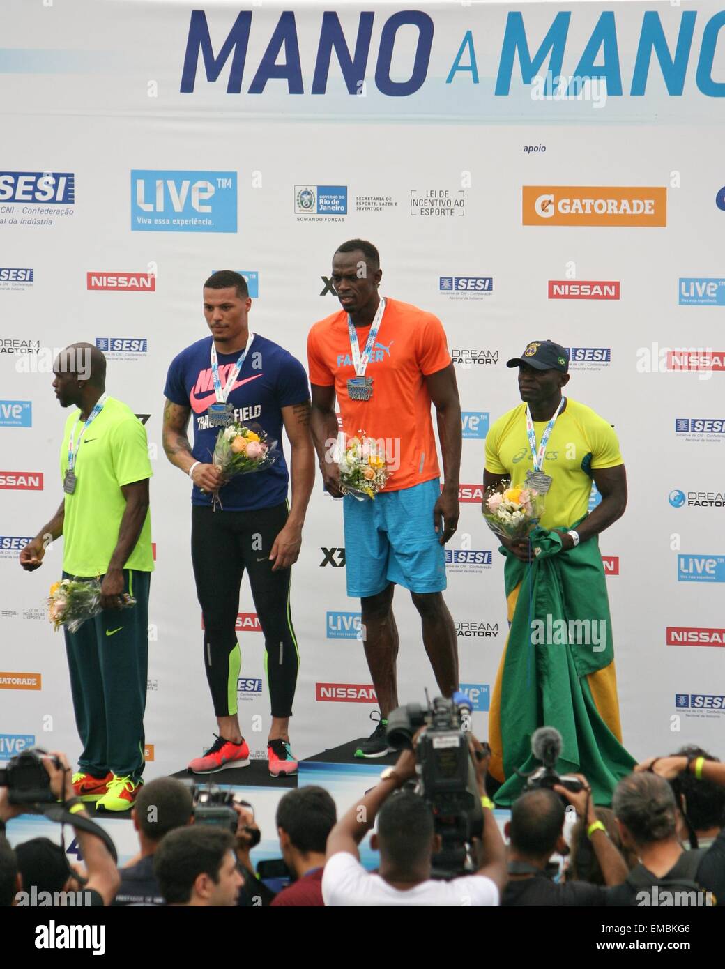 Rio de Janeiro, Brazil, 19th April 2015. Podium of the 100m men's ...