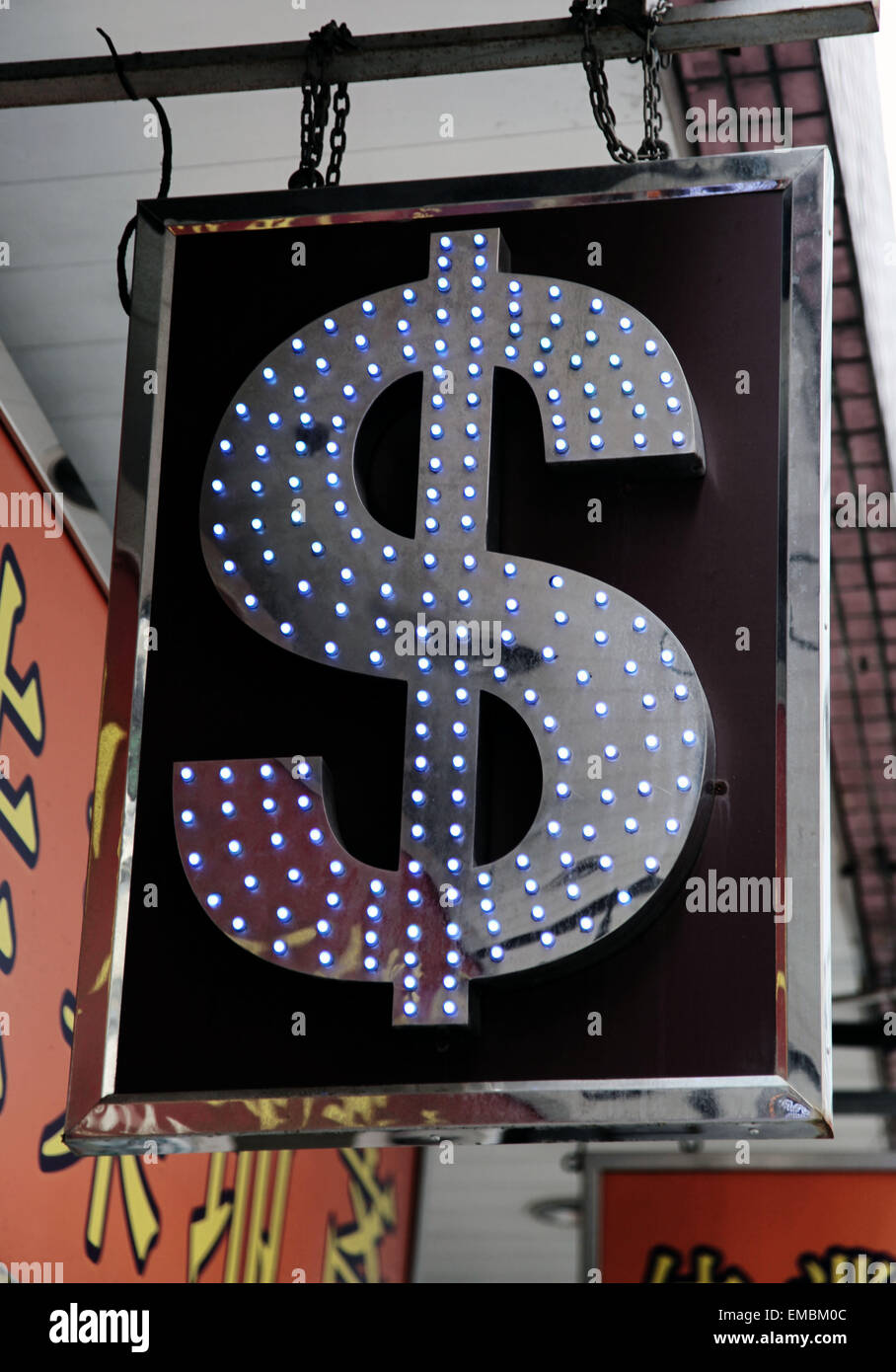 It's a street Board sign with the logo $ for Dollar. It's near a ...