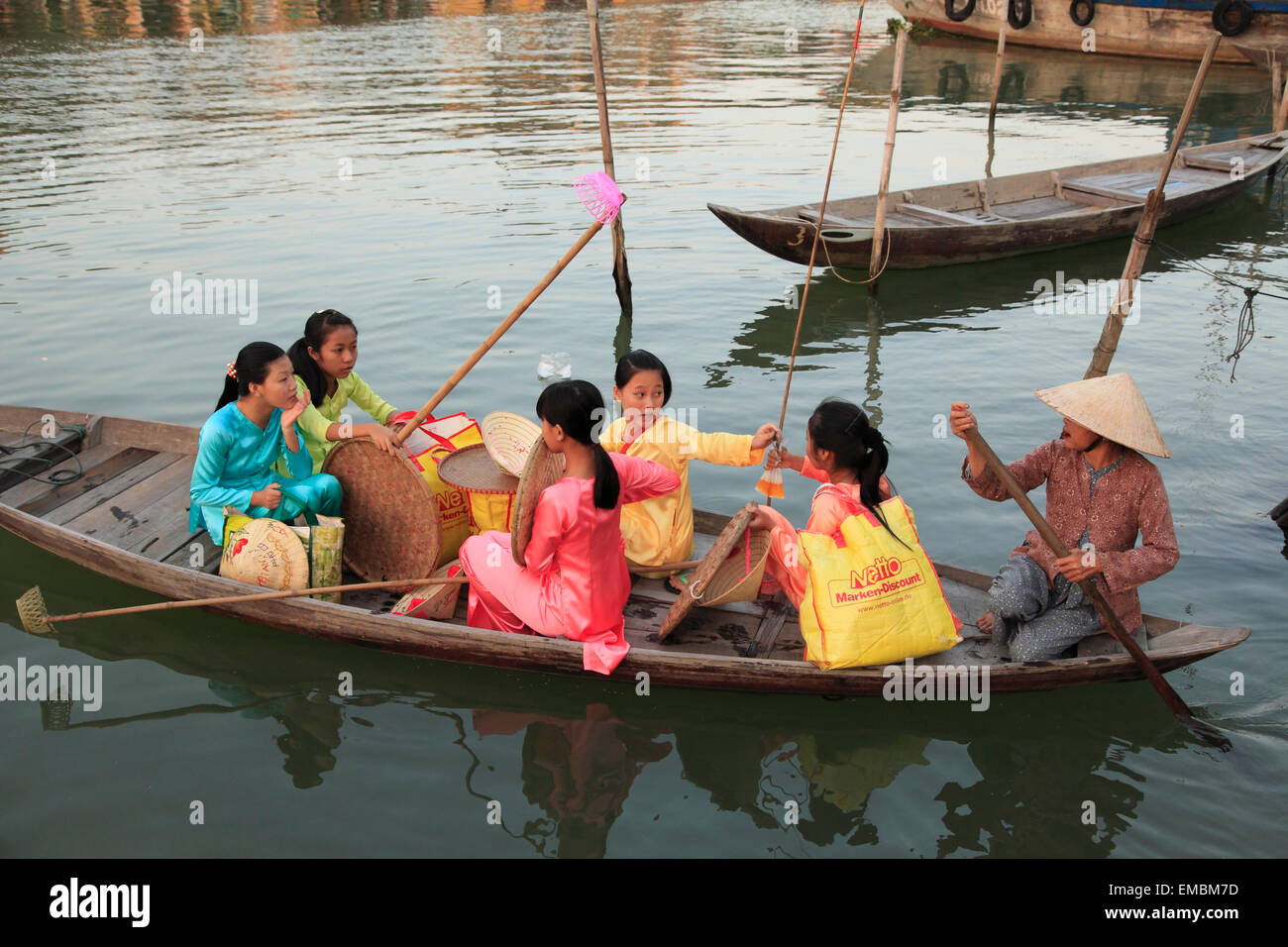 Vietnam, Hoi An, young women, traditional ao dai dress, boat, Thu Bon ...