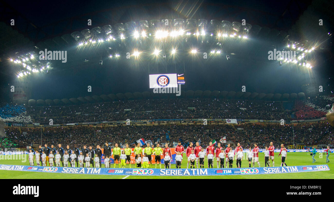 Milan, Italy. 19th Apr, 2015. Two team group line-up Football/Soccer ...