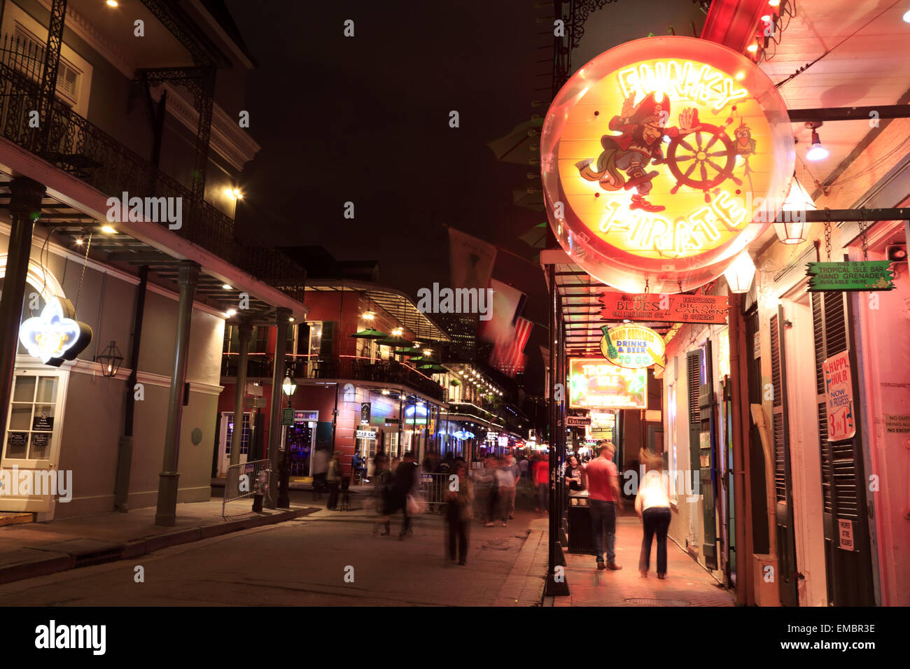 Night view of Bourbon Street with neon signs of bars and restaurants in ...
