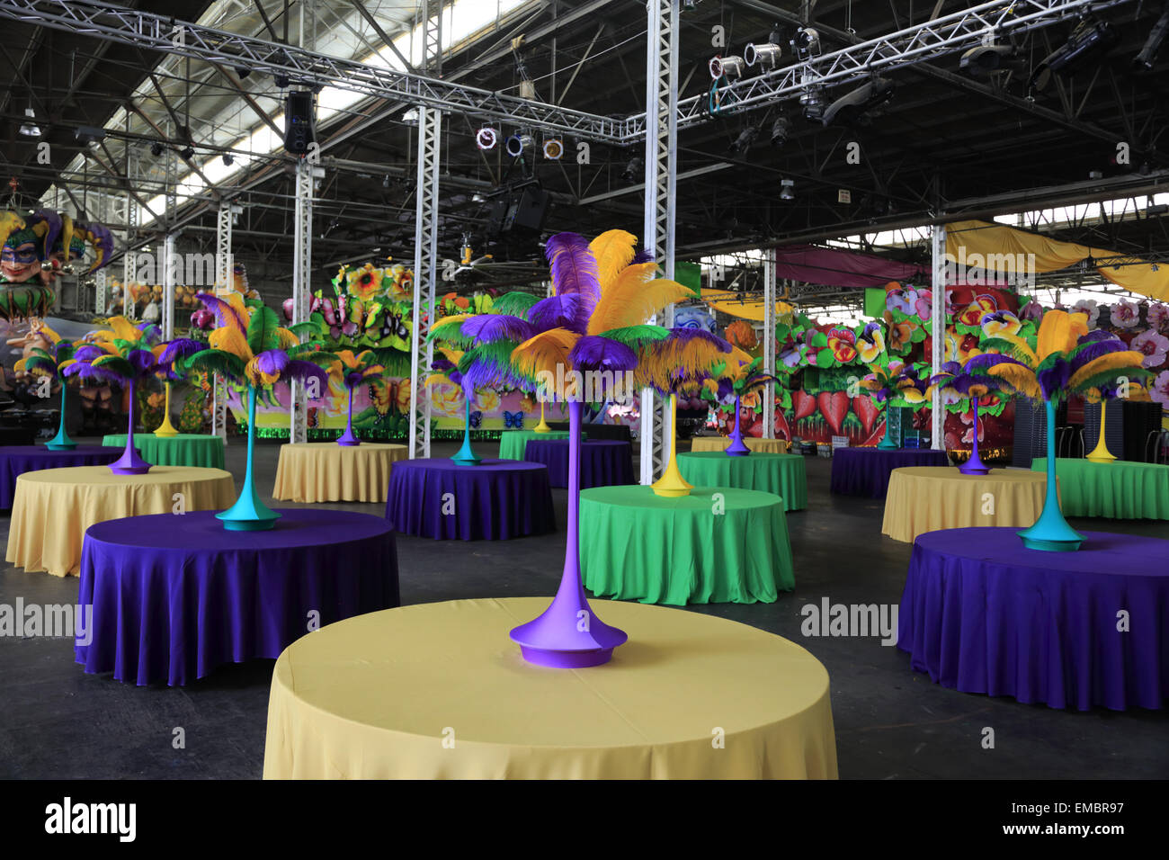 Various Mardi Gras parade floats displaying in the float den in Mardi ...