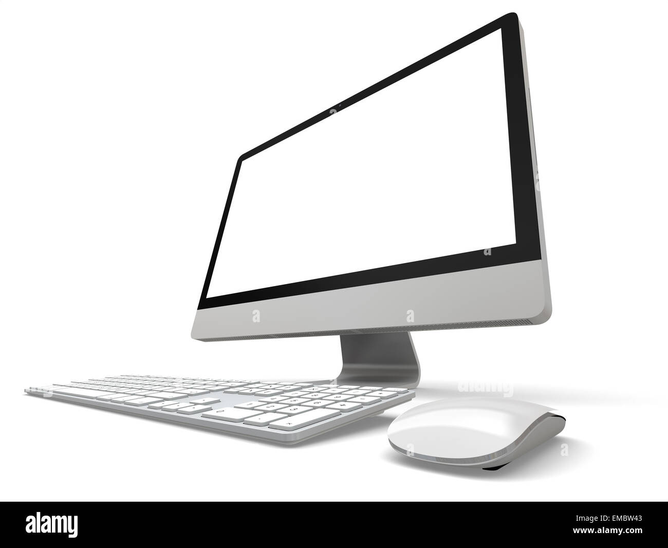Modern desktop computer with white blank screen isolated on white ...