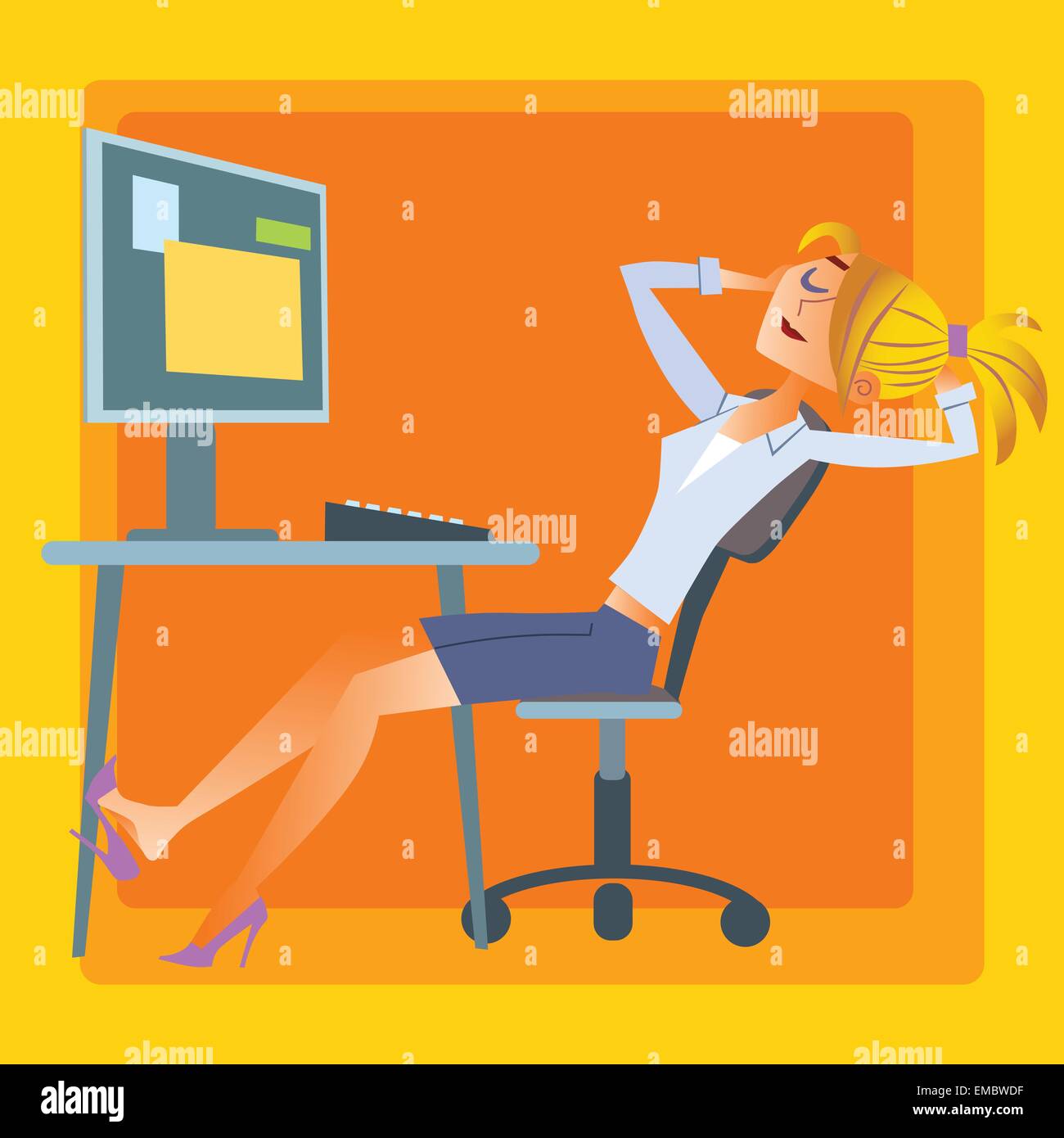 The girl in the office is resting in the computer. Pause in the work ...