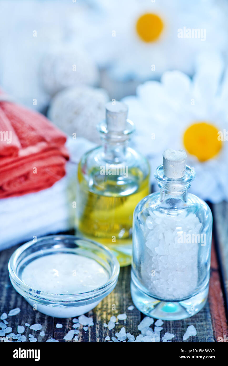 sea salt and oil on the table Stock Photo - Alamy