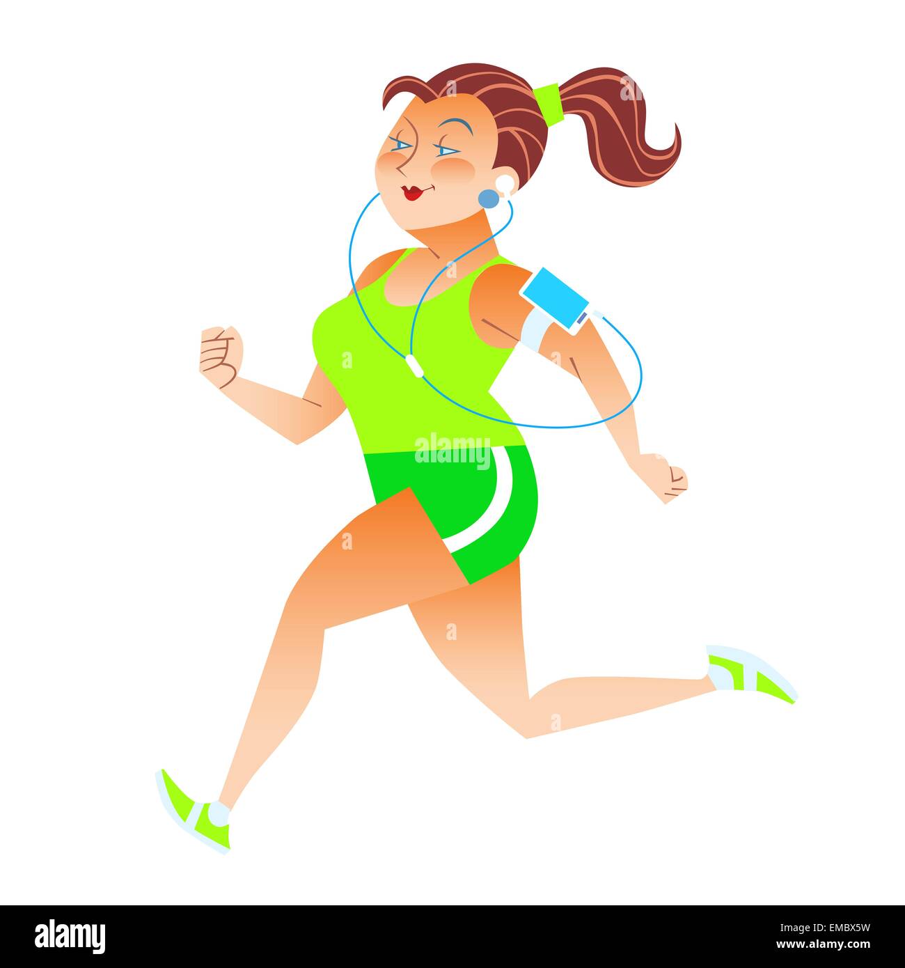 Sporty woman running herding weight kilocalories listens to music ...