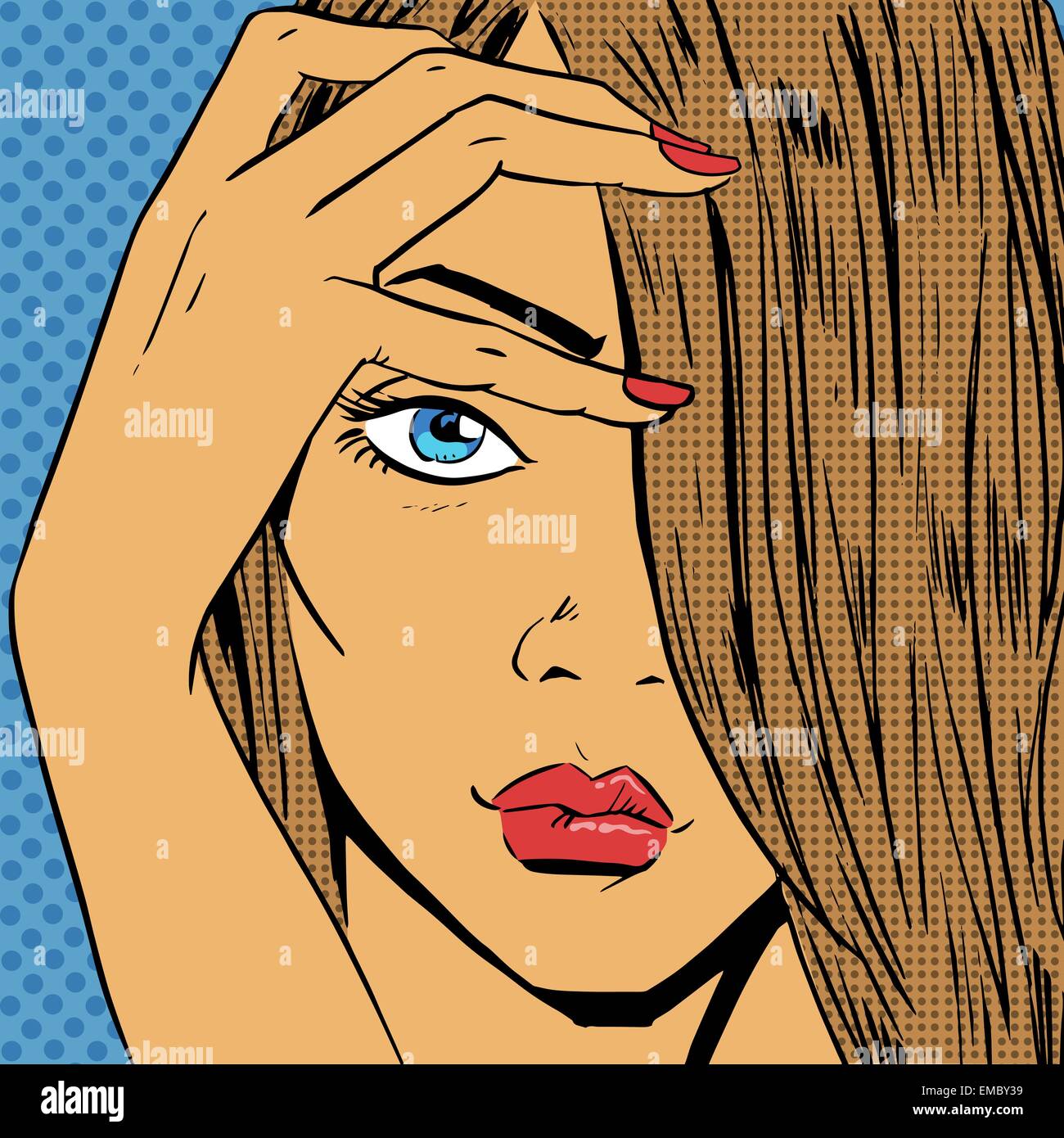 Face The Girl Looks Beautiful Pop Art Comics Retro Style Halftone