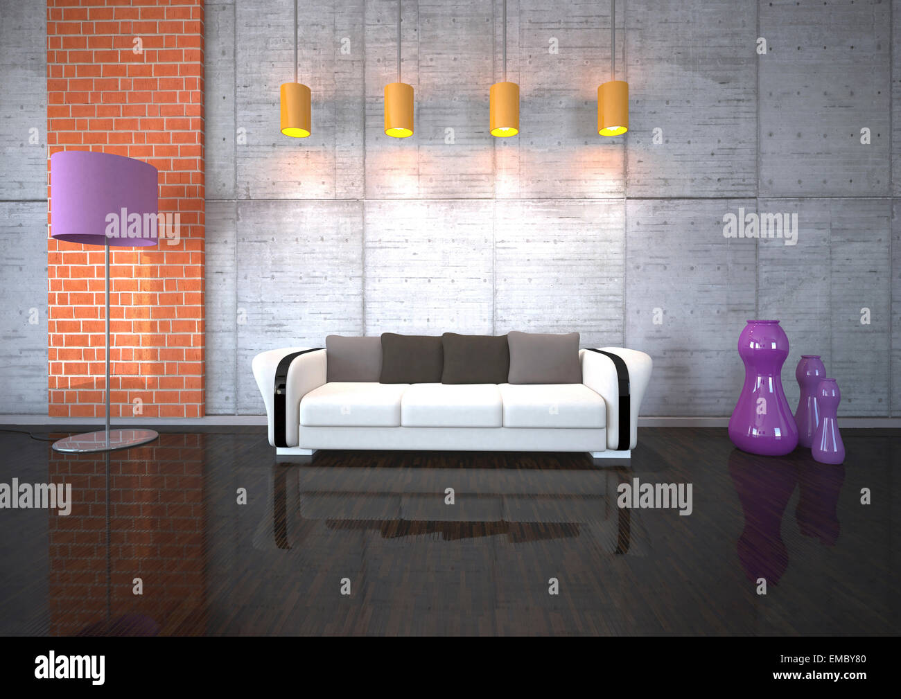 Couch in living room with lights Stock Photo - Alamy