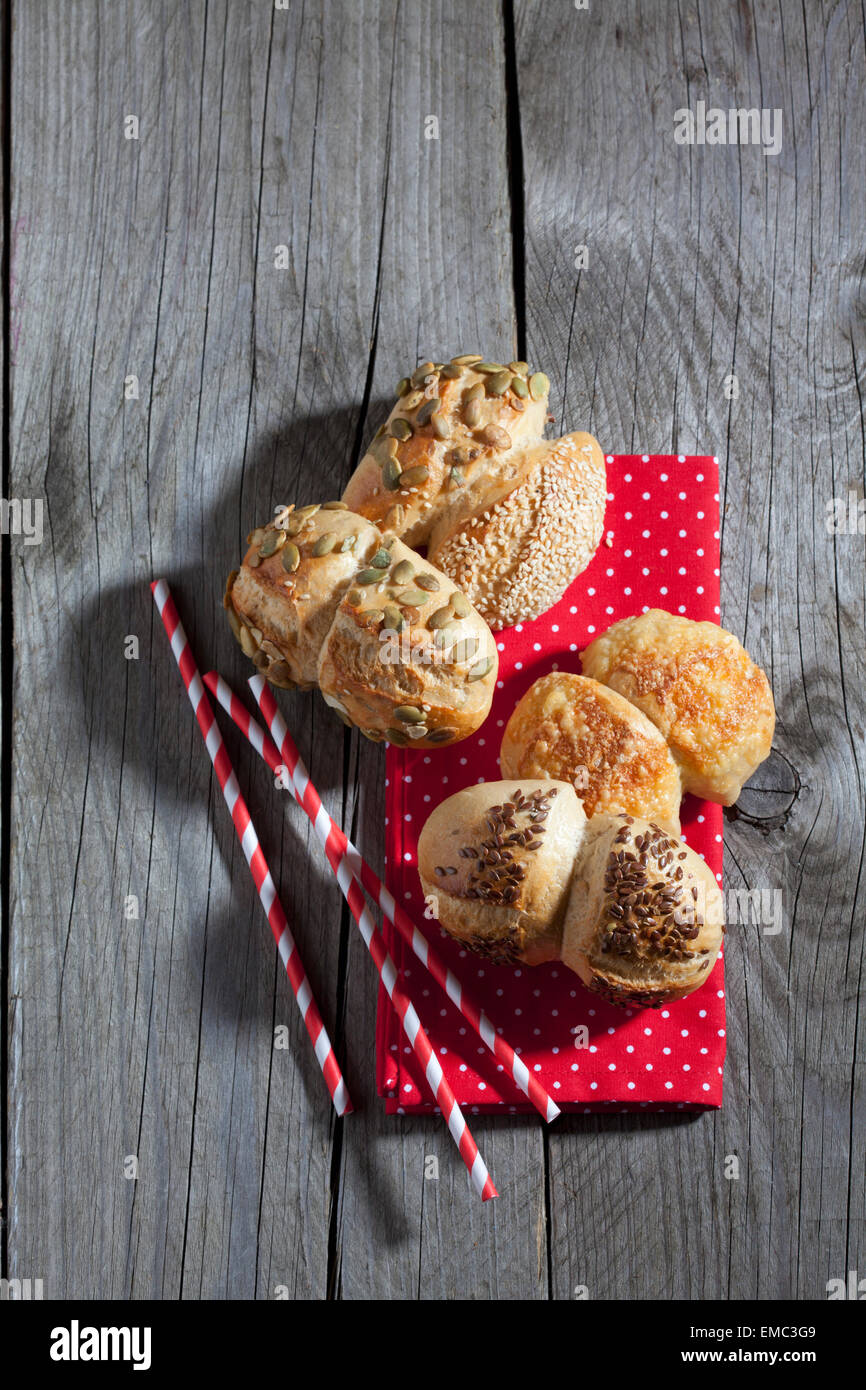 Variation of bread rolls, straws and cloth Stock Photo - Alamy