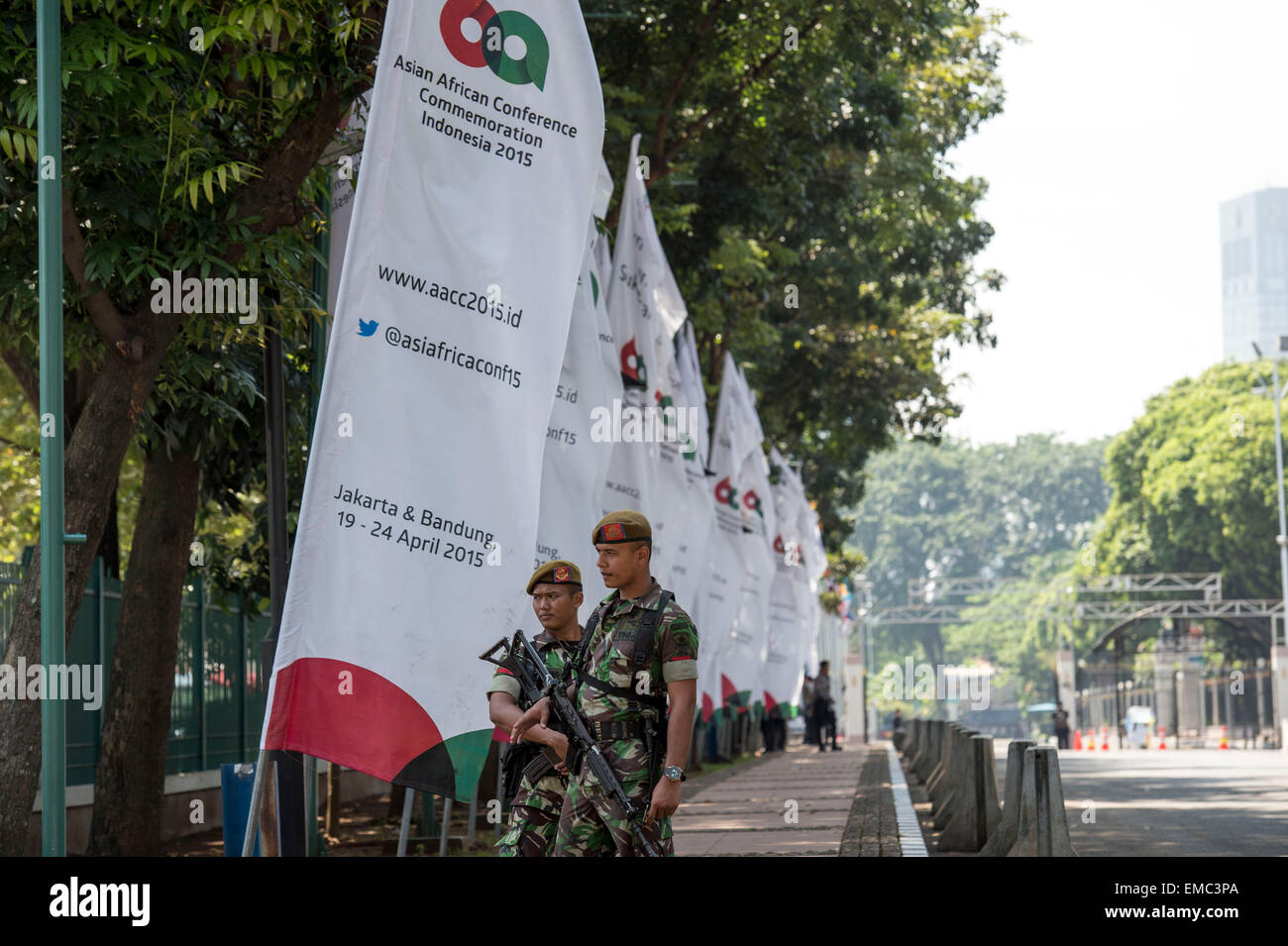 Jakarta, Indonesia. 20th Apr, 2015. Soldiers stand guard outside the ...