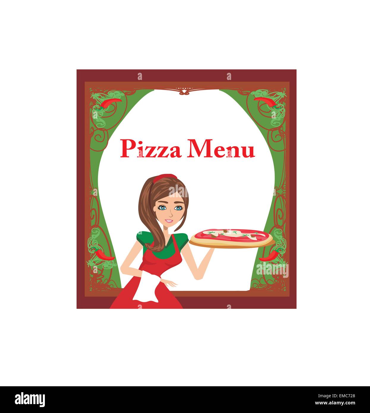 smiling waitress serving pizza , menu card Stock Vector Image & Art - Alamy