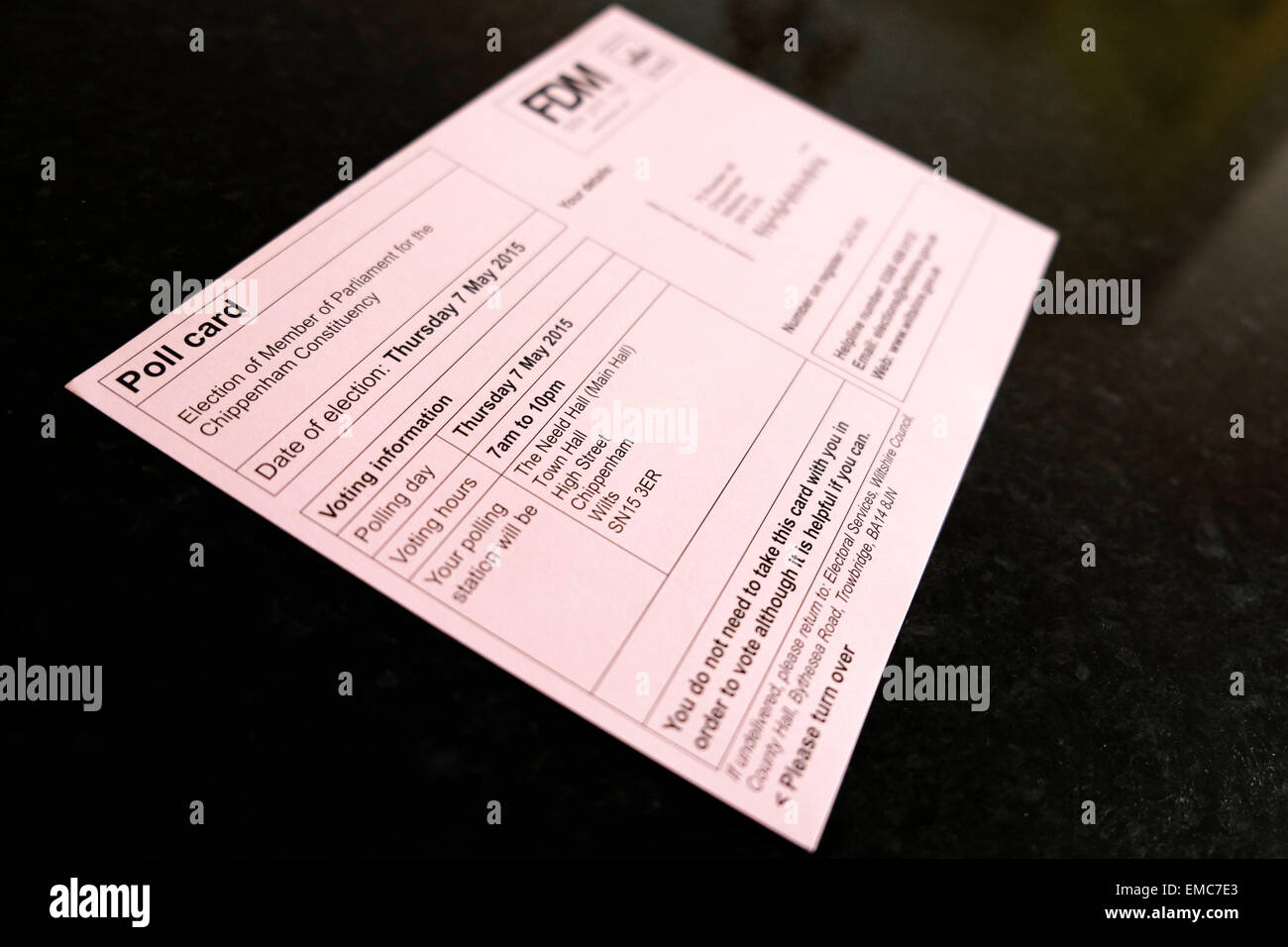 CHIPPENHAM, UK, 20th April, 2015. A poll card for the 2015 general ...