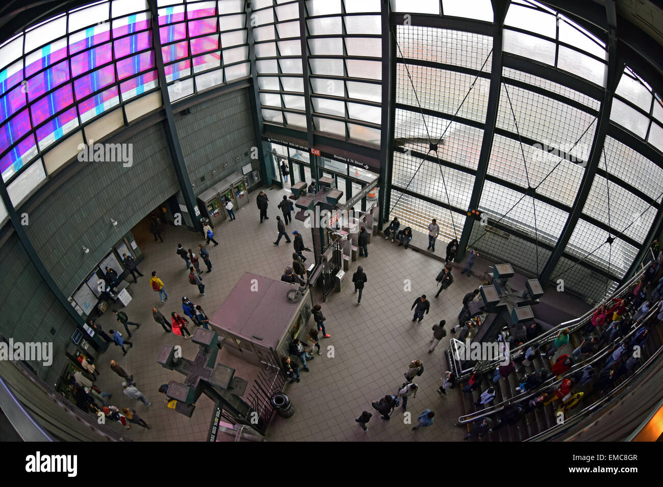 Token booth area at the 74th Street stop on the number F & 7 elevated ...