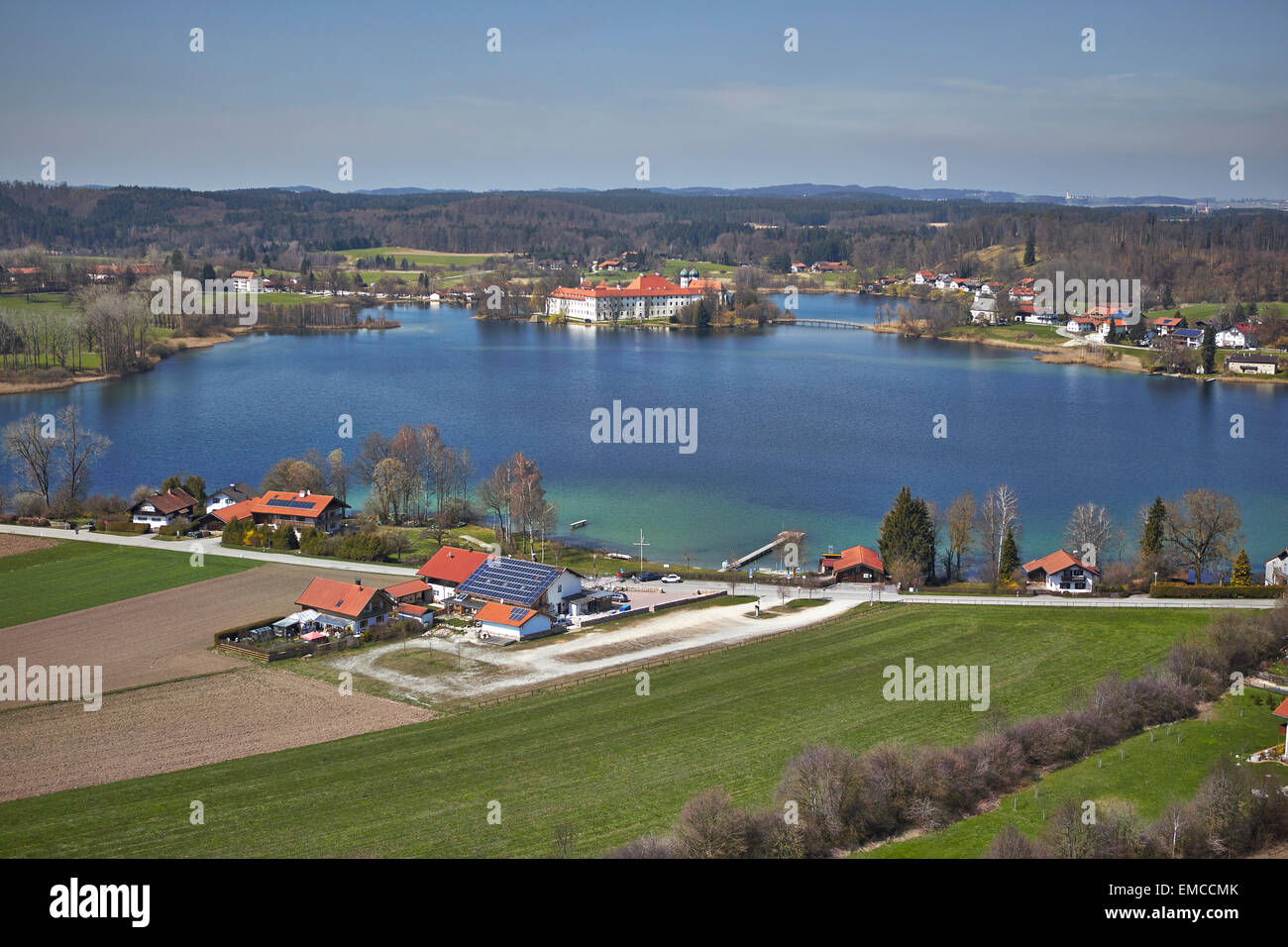 Germany, Bavaria, Aerial view of Seeon Abbey at lake Chiemsee Stock ...
