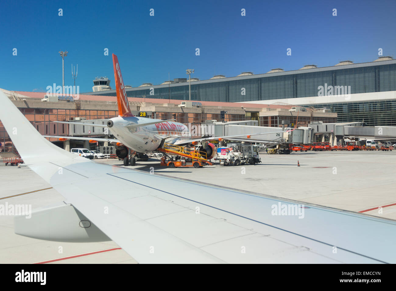 Easyjet airplane at the jet bridge on the runway at Malaga airport ...