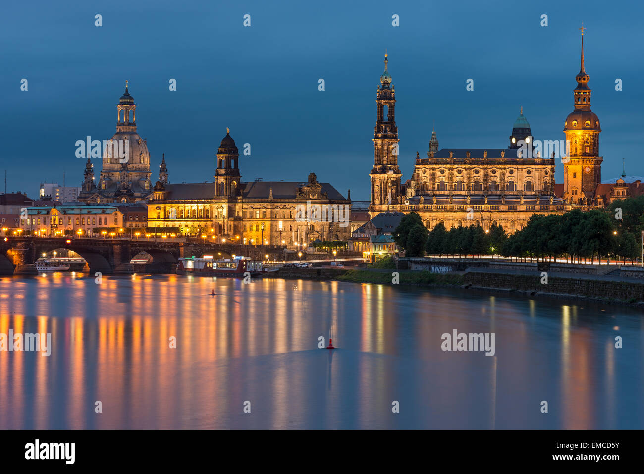Germnay, Dresden, view to lighted city with Elbe River in the ...