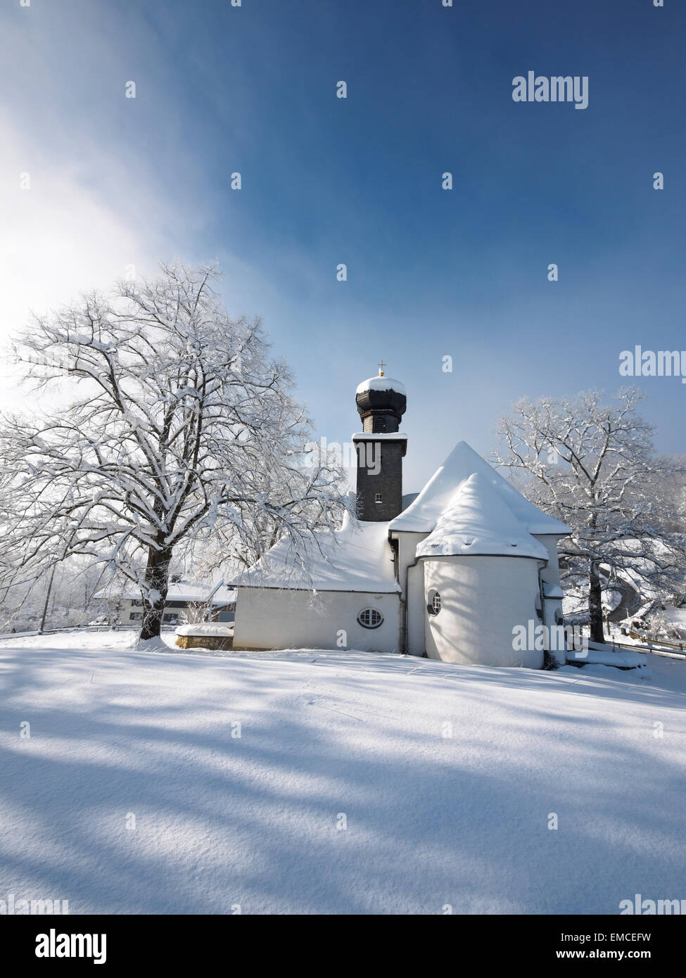 Germany, Kochel am See, snow-covered Protestant Church Stock Photo - Alamy