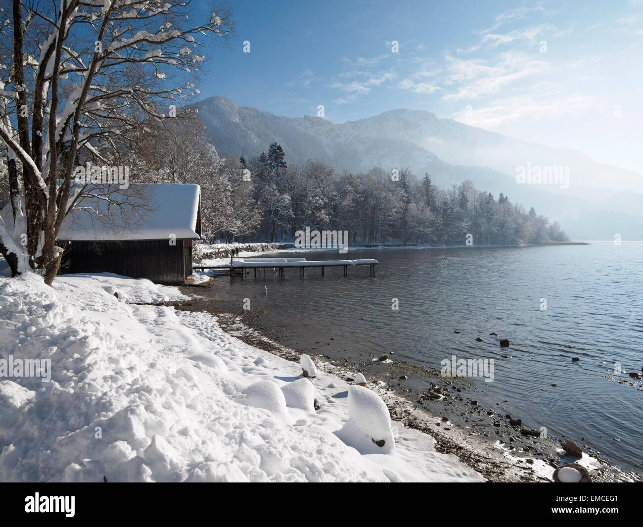 Germany, Kochel am See, snow-covered shore of Lake Kochel Stock Photo - Alamy