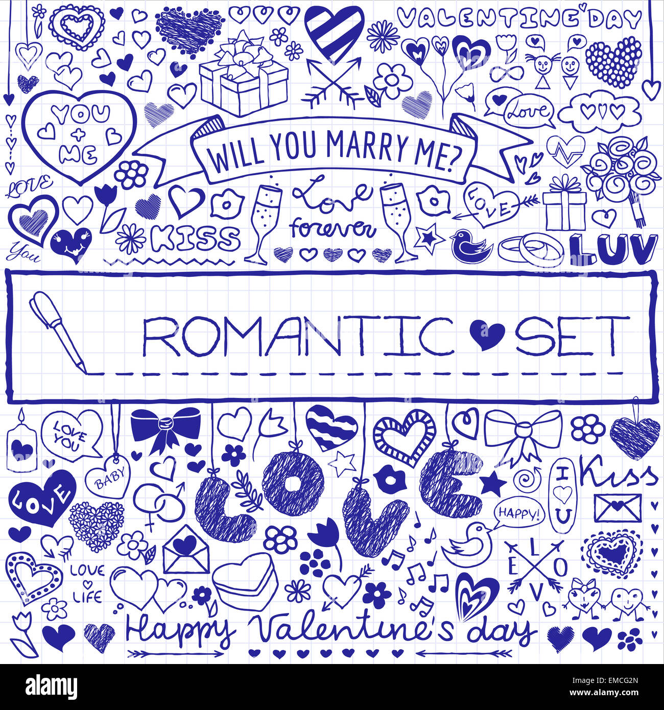 Romantic set of doodles Stock Photo - Alamy