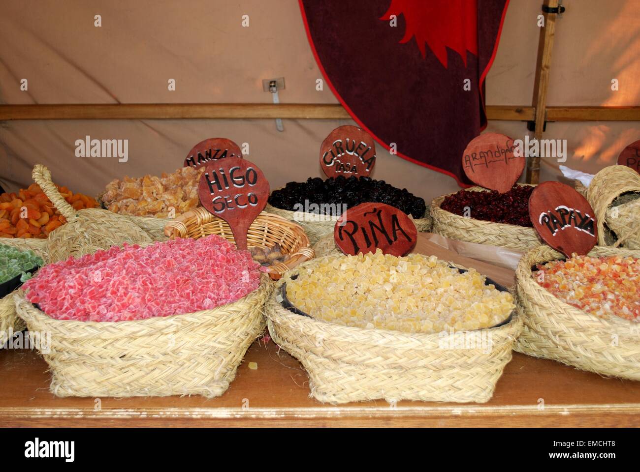 Fruit and nut stall at the Medieval market, Barbate, Cadiz Province ...