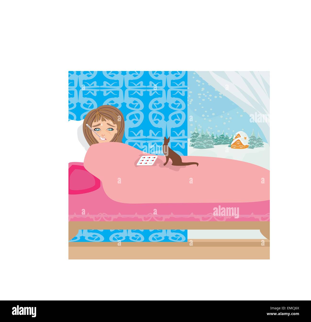 sick girl lying in bed Stock Vector Image & Art - Alamy