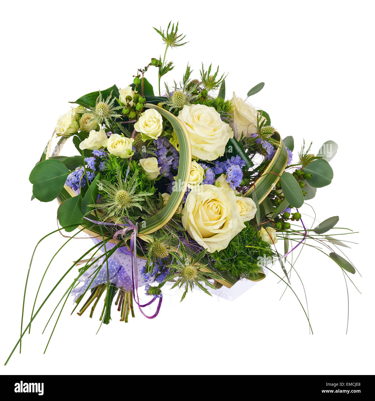 Flower bouquet from roses, green carnation and statice flowers isolated ...