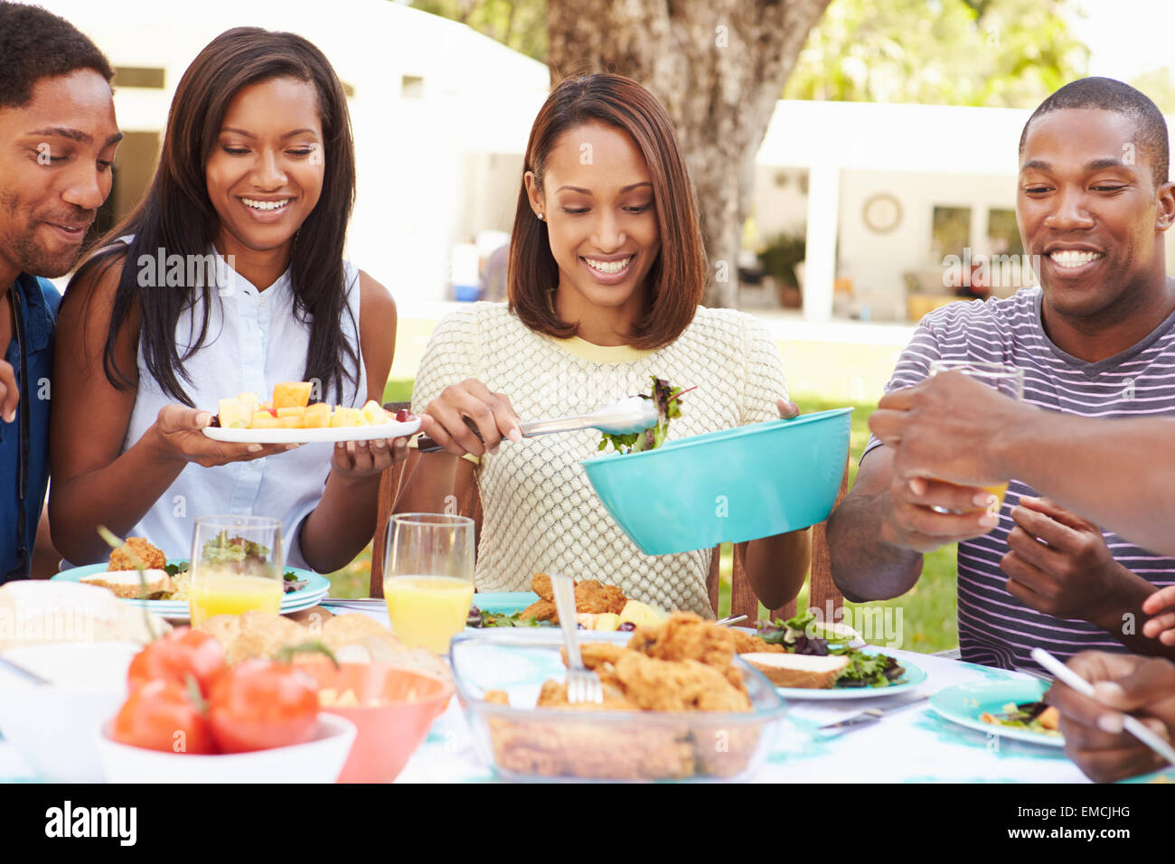 Group Of Friends Enjoying Outdoor Meal At Home Stock Photo - Alamy